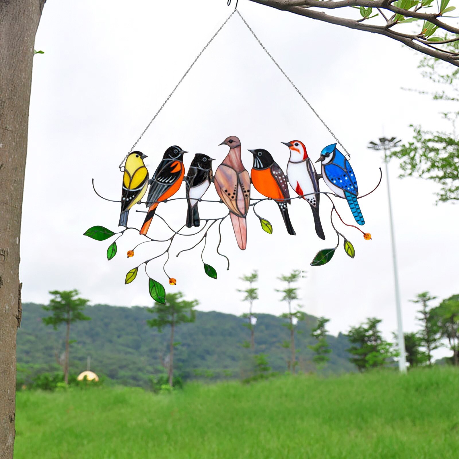 Birds On A Wire High Stained Glass Window Panel Bi... – Grandado