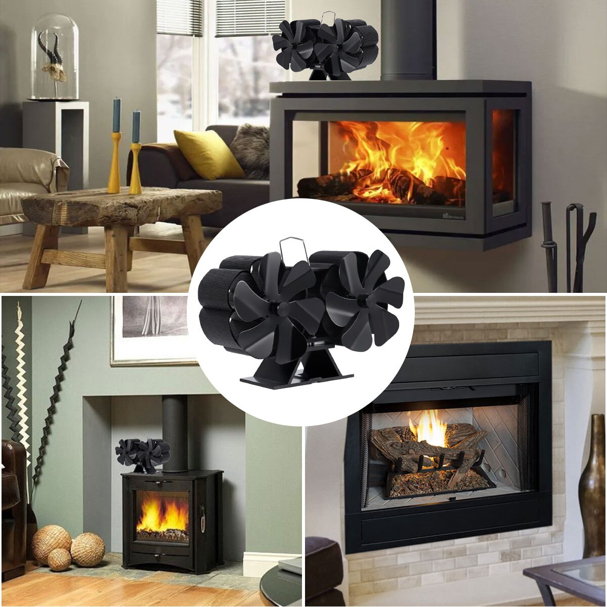 Black Fireplace Fan With 12 Blades Heat-powered St... – Grandado