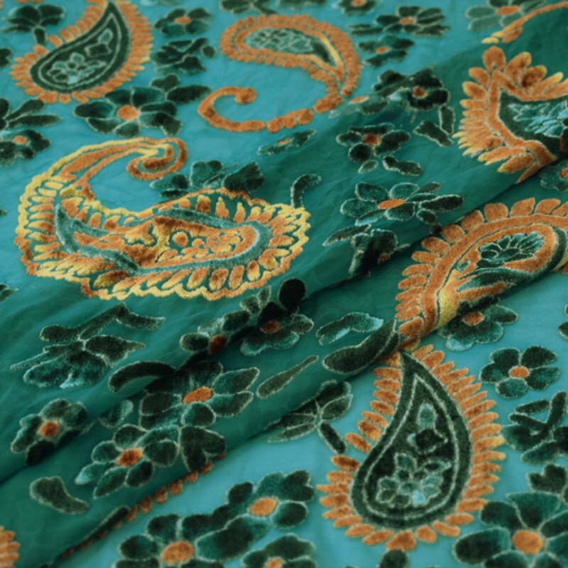 Green bottom Paisley burnt-out velvet fabric for d... – Grandado