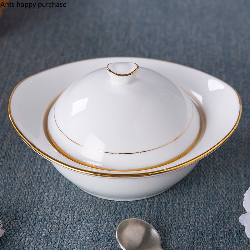 Ceramic Soup Dish Stew with Lid Golden Rim White S... – Grandado