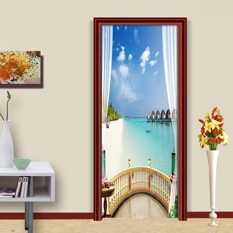 Sea View From The Window 3D Door Sticker Wall Mura... – Grandado