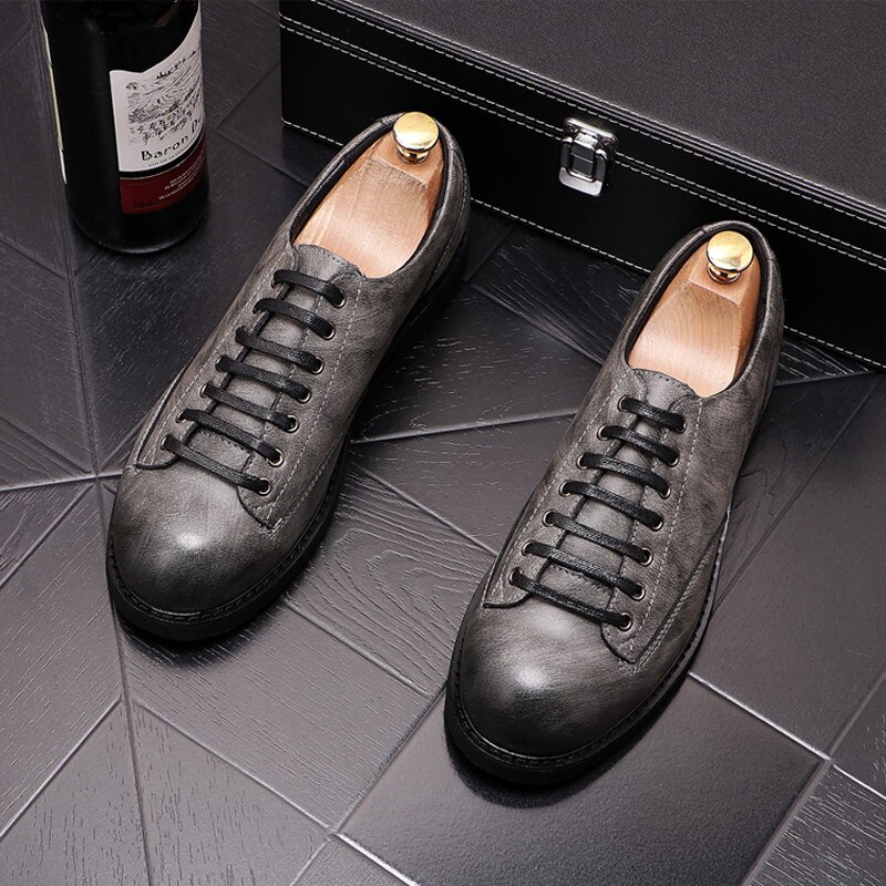 Mens Grey Oxford Shoes Leisure Round Toe Leather L... – Grandado