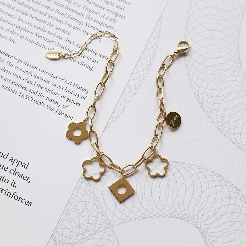 Square daisy charm Stainless steel link chain brac... – Grandado