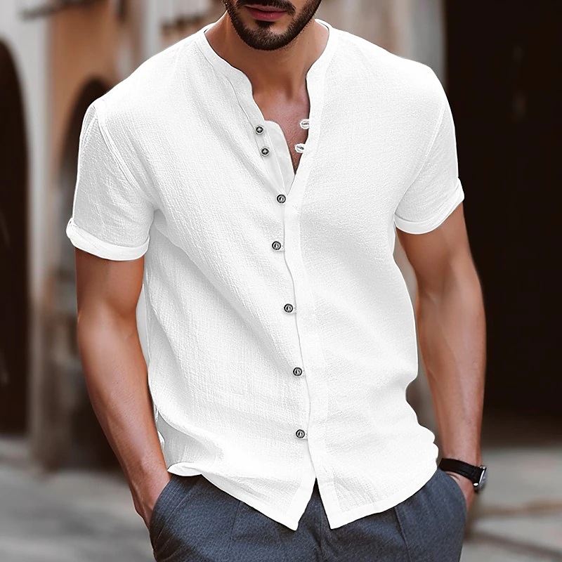 men's collarless short sleeve Polo shirt men's bea... – Grandado