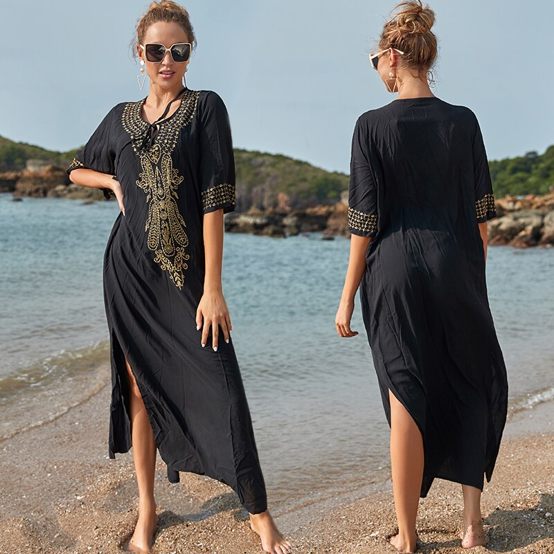 Embroidery Cotton Beach Cover-ups Saida de Praia S... – Grandado