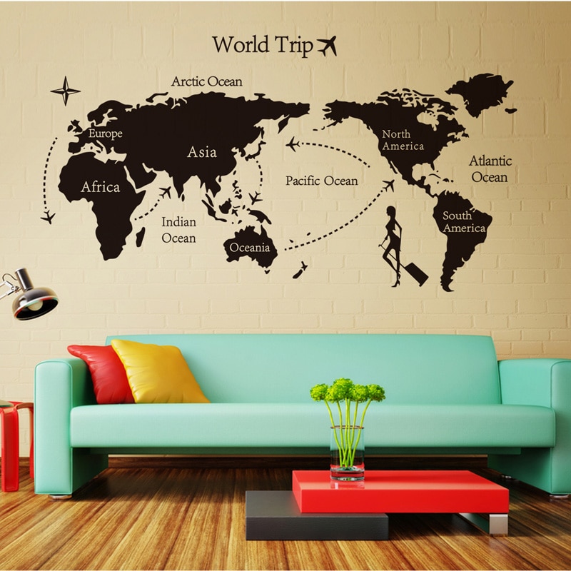 Black World Trip map Vinyl Wall Stickers for Kids ... – Grandado