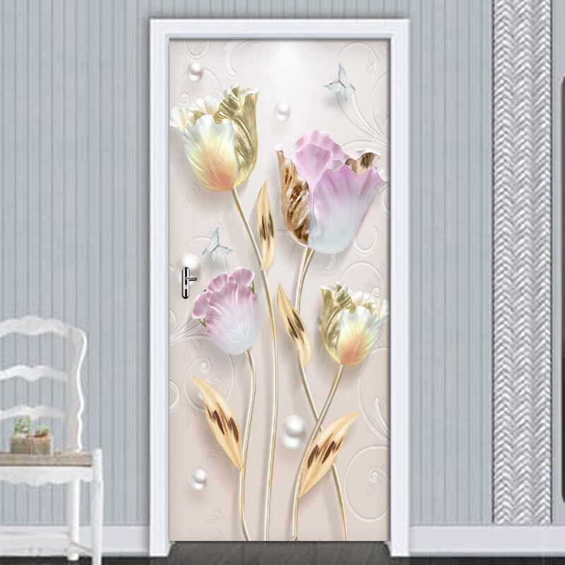 Modern Embossed Tulip Flowers Door Stickers Mural ... – Grandado