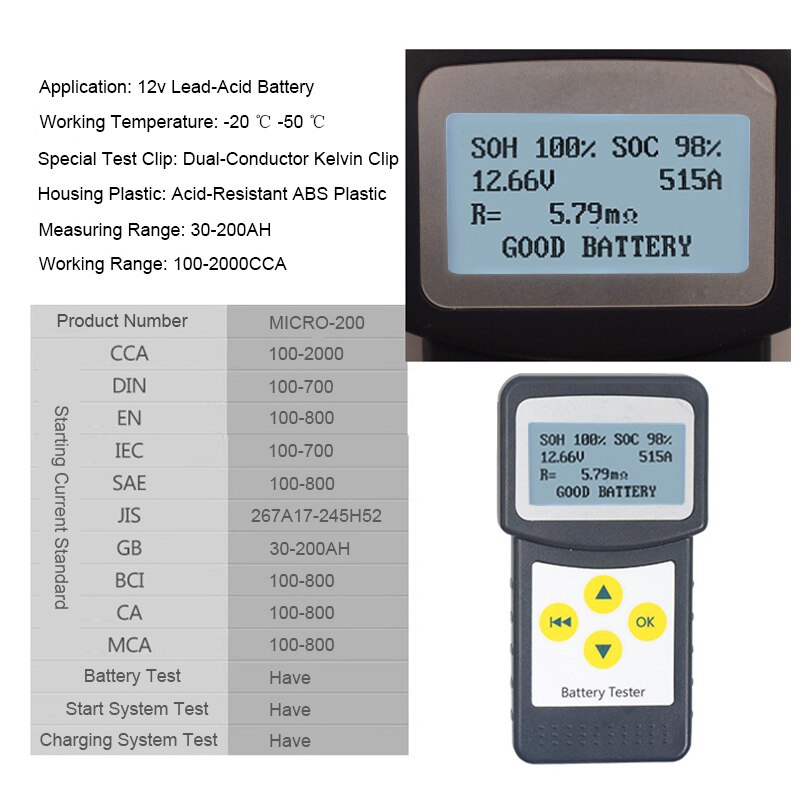Digital Car Battery Tester 12V Micro 200 CCA 100-2... – Grandado