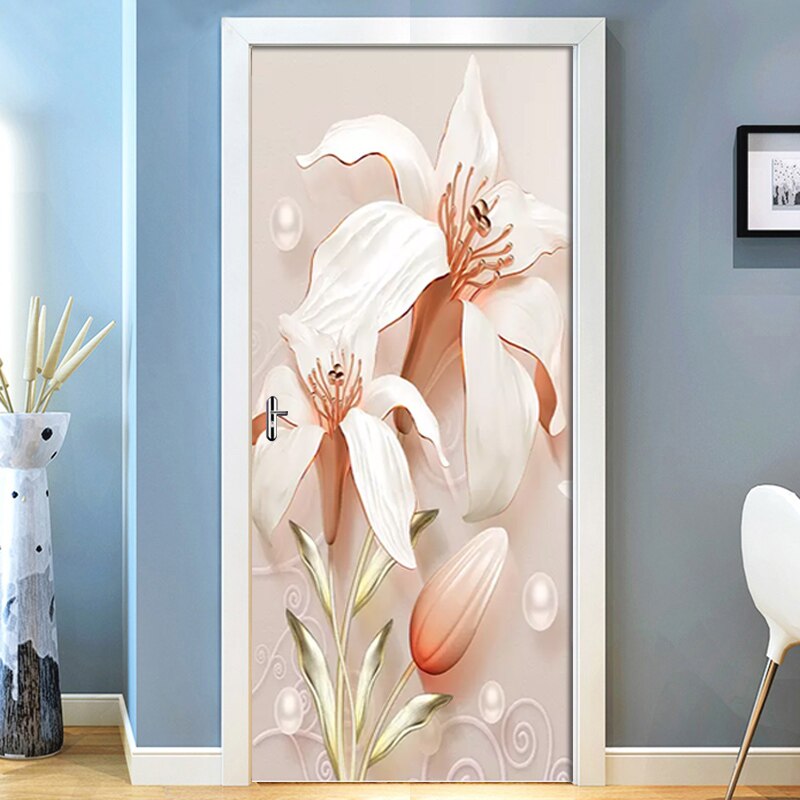 3D Embossed Lily Flower Bedroom Door Stickers Deco... – Grandado