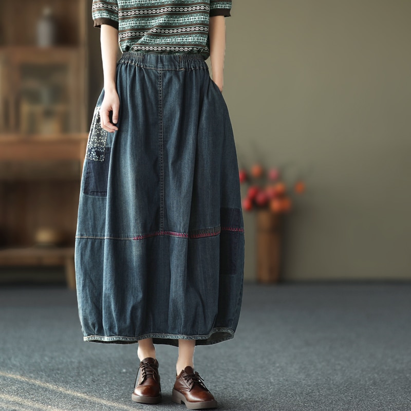 Johnature Women Denim Skirts Elastic Waist Patchwo... – Grandado