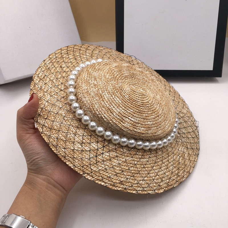 Straw ladies Pearl mesh decoration straw hats retr... – Vicedeal