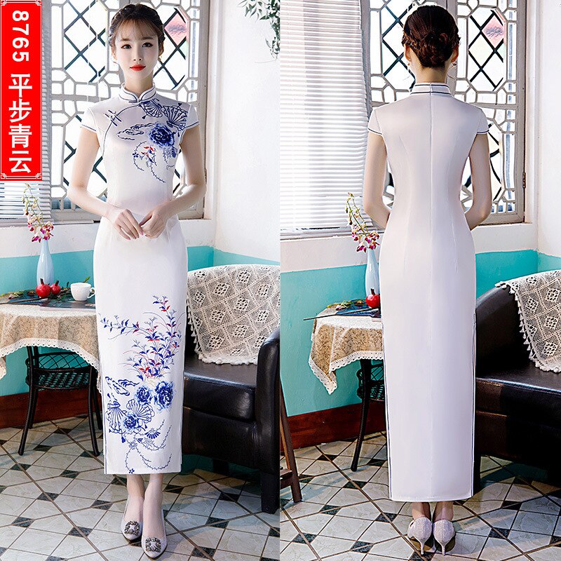 White Vintage Chinese Style Print Flower Qipao Lon... – Grandado
