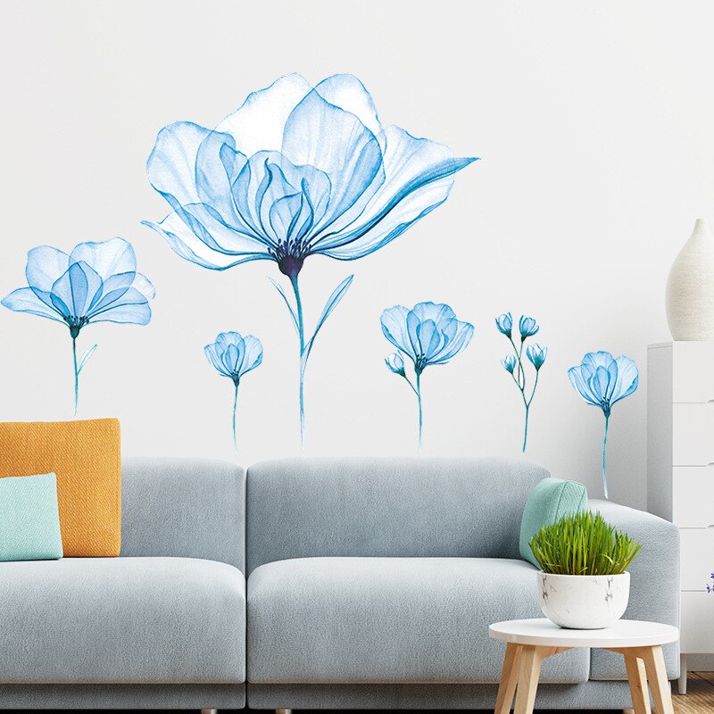 Nordic Blue Flowers Wall Stickers Bedroom Living R... – Grandado