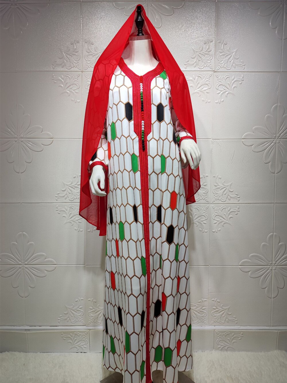 AB049 Veiled Female Dress Abaya Red Muslim Headsca... – Grandado