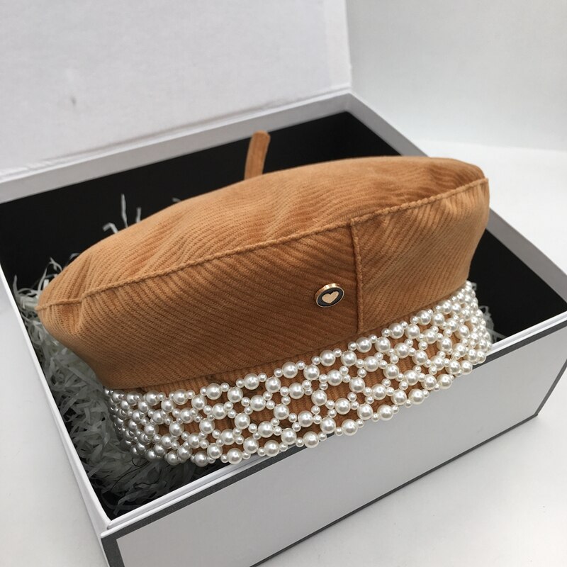The brown corduroy women's beret with pearls paint... – Grandado