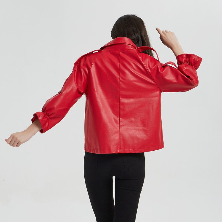 Flare Sleeve Faux Leather Jacket Women Double Brea... – Grandado