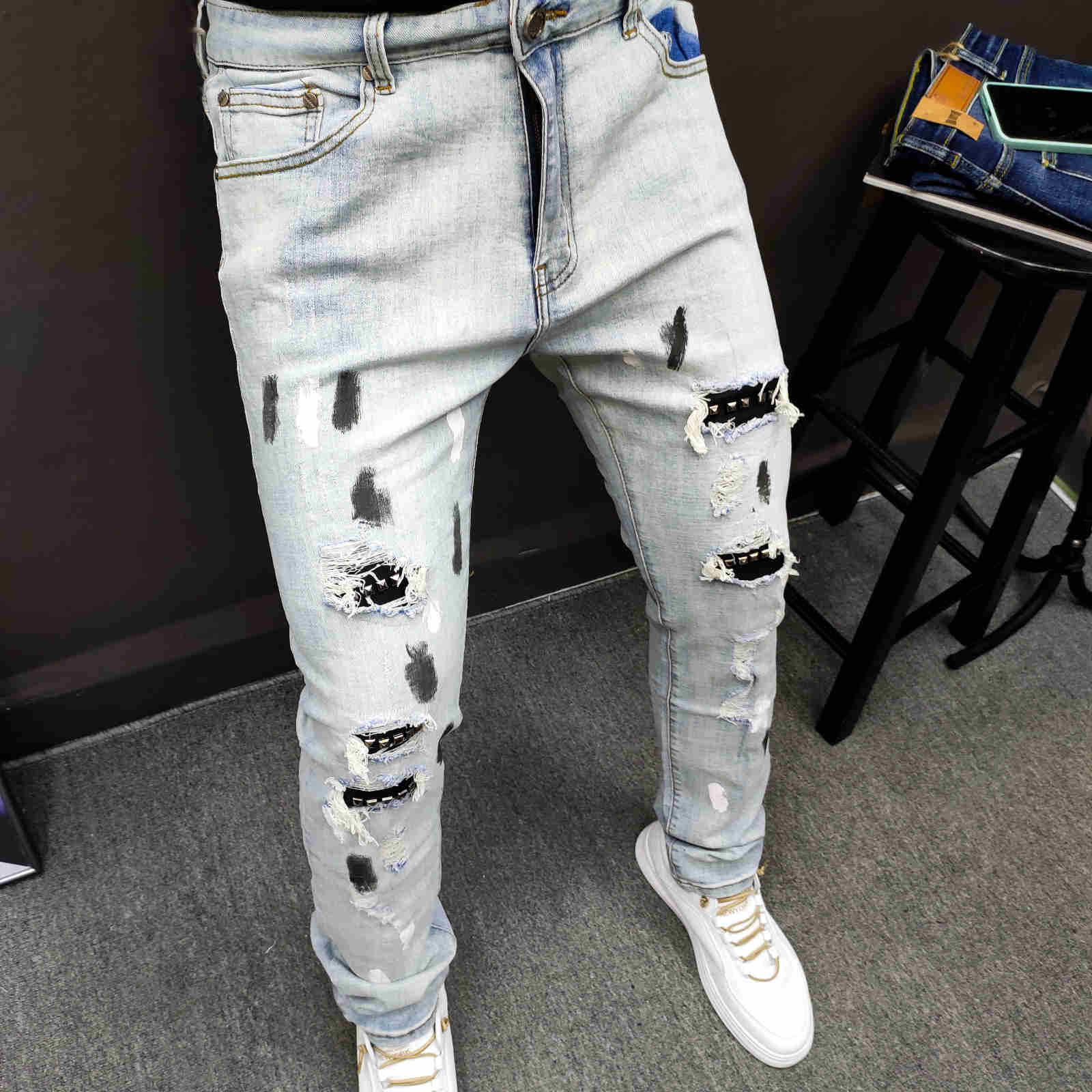 Hole Blue Jean Pants Metal Rivet Patchwork Ripped ... – Vicedeal