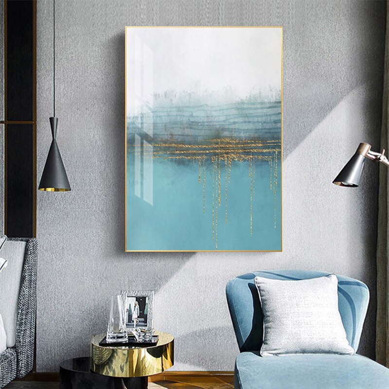 Abstrakte Fließende Blau Goldene Folie Wand Kunst ... – Vicedeal