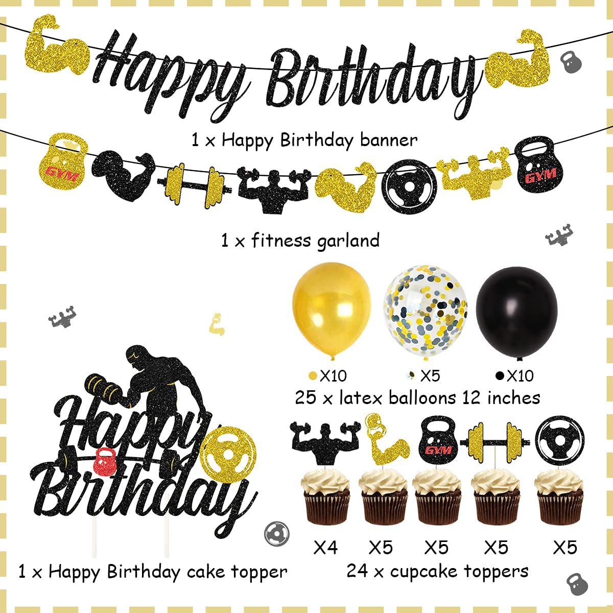 Gym Birthday Party Decorations Black and Gold Fitn... – Grandado