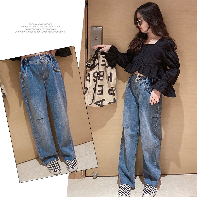 Girls Ripped Jeans Dark Blue Elastic Waist Wide Le... – Grandado