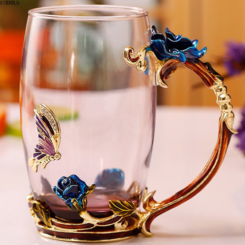 Emaille Koffie Thee Cup Mok 3D Rose Vlinder Glas C... – Grandado