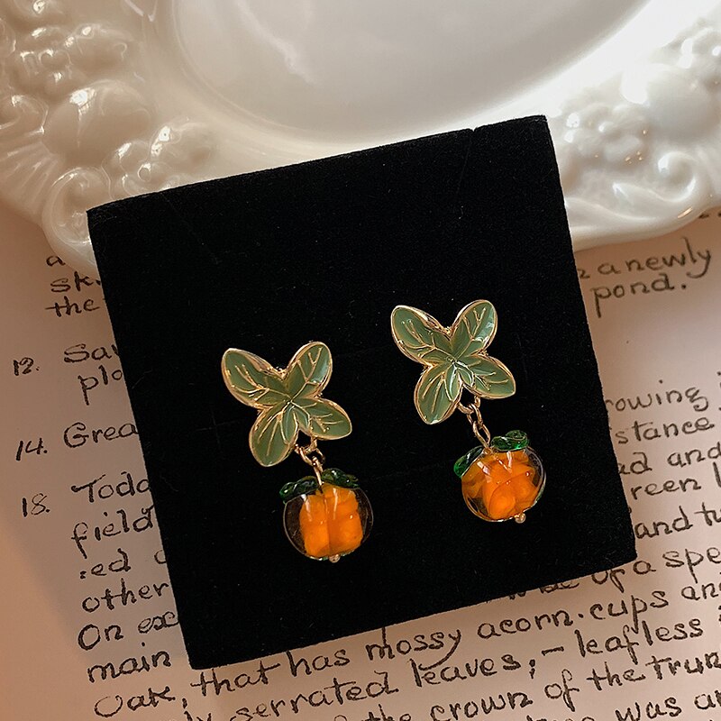 Persimmon Orange Color Flower Leaf Stud Earrings F... – Grandado