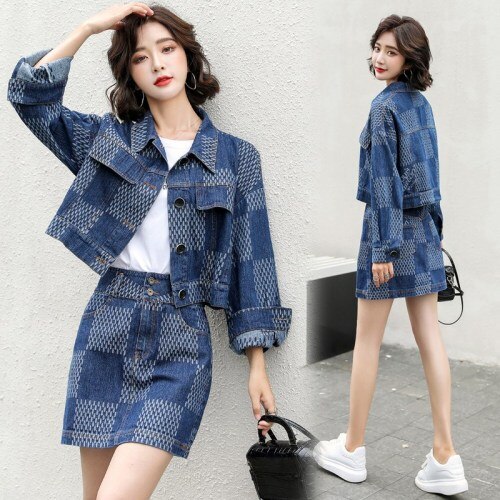 YASUGUOJI Women Denim Jacket Coat + Mini Jean Skir... – Vicedeal