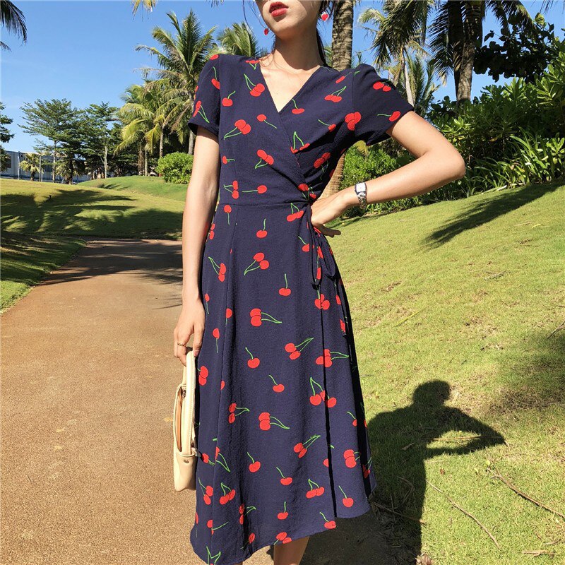 Zomer Print Cherry Jurk Vrouwen V-hals Korte Mouwe... – Vicedeal