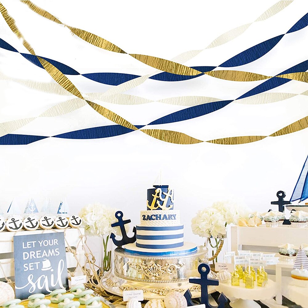 Navy Blue Gold Beige Crepe Paper Streamers Roll Ha... – Grandado
