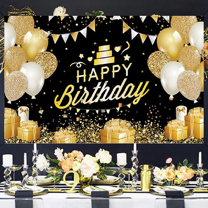 Happy Birthday Backdrop Banner Large Black Gold Ba... – Grandado
