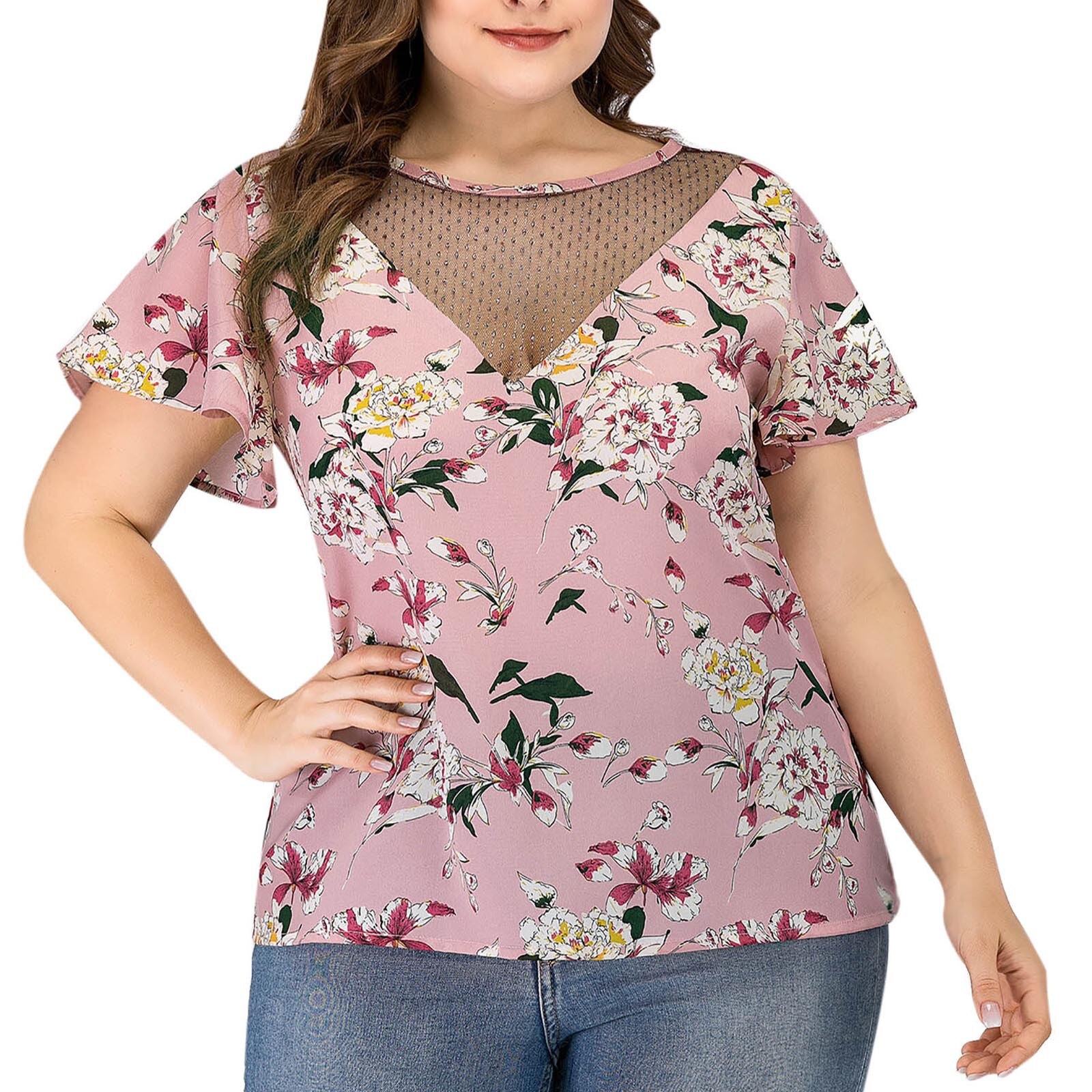 4# Women Plus Size Blouses Patchwork Flora Printed... – Grandado