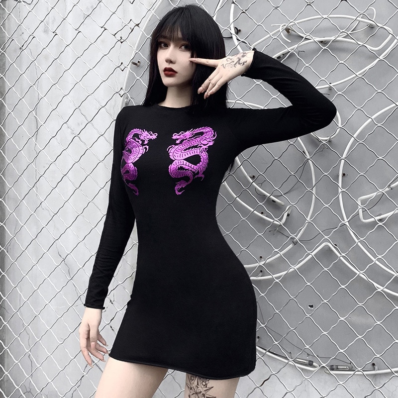 Retro Black Gothic Bodycon Mini Dresses harajuku p... – Grandado