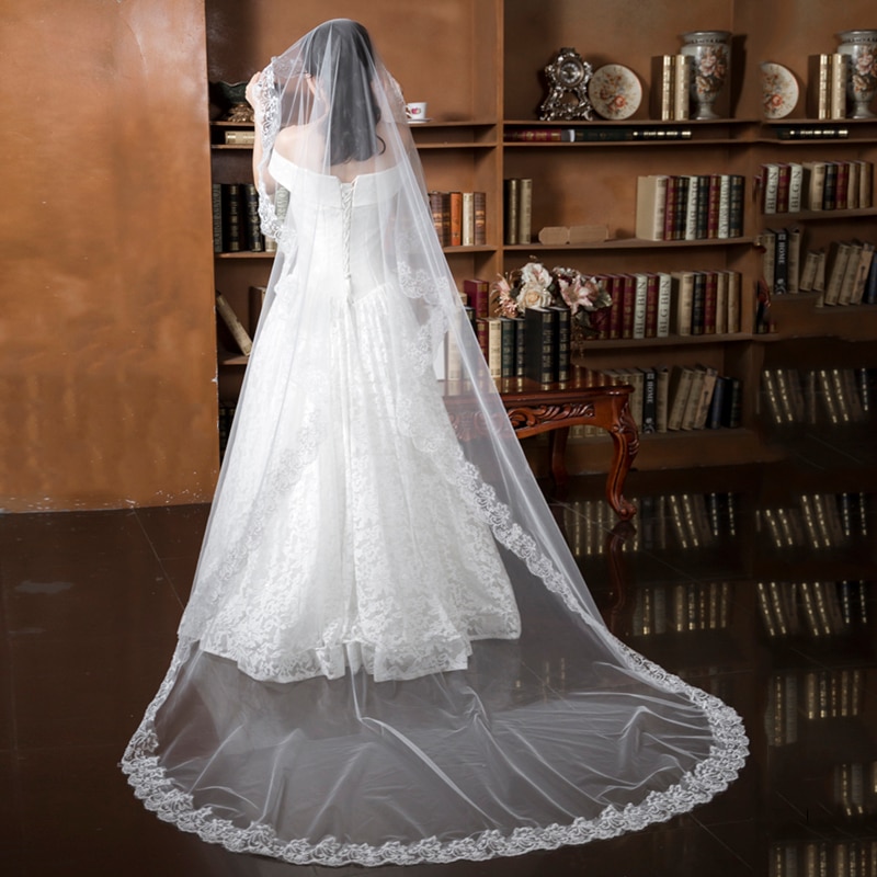 Voile mariage 3m ett lager spets kant vit elfenben... – Grandado