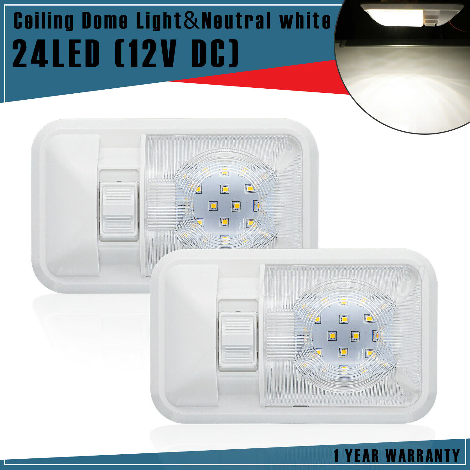 2 X RV Neutral White LED 12V Single Dome Light Cei... – Vicedeal