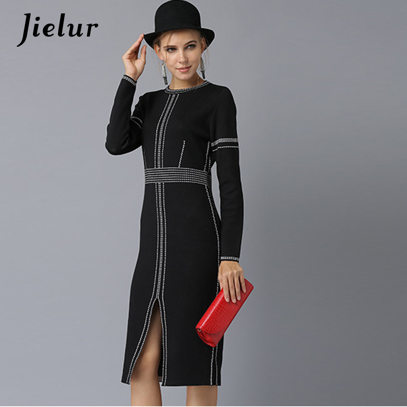 Jielur Herfst Voorjaar Elegante Dame Zwarte Jurk V... – Grandado