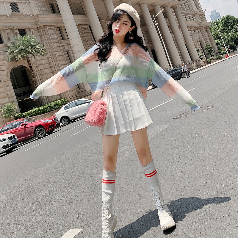 Qrwr dame sweater sød v-hals langærmet regnbuestri... – Vicedeal