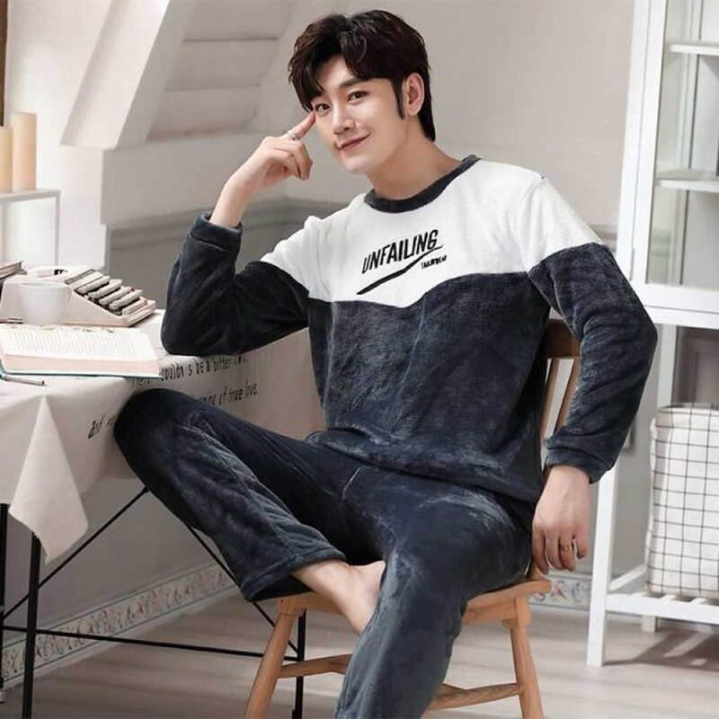 Winter Men Long Sleeve Flannel Pajamas Set Round N... – Grandado