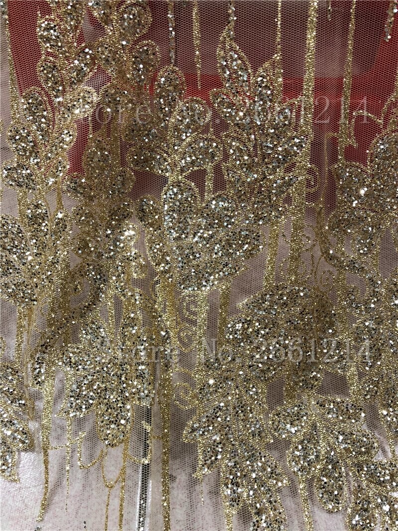 Gold Color Glued Glitter African Tulle Mesh Lace Fabric Best Nigerian