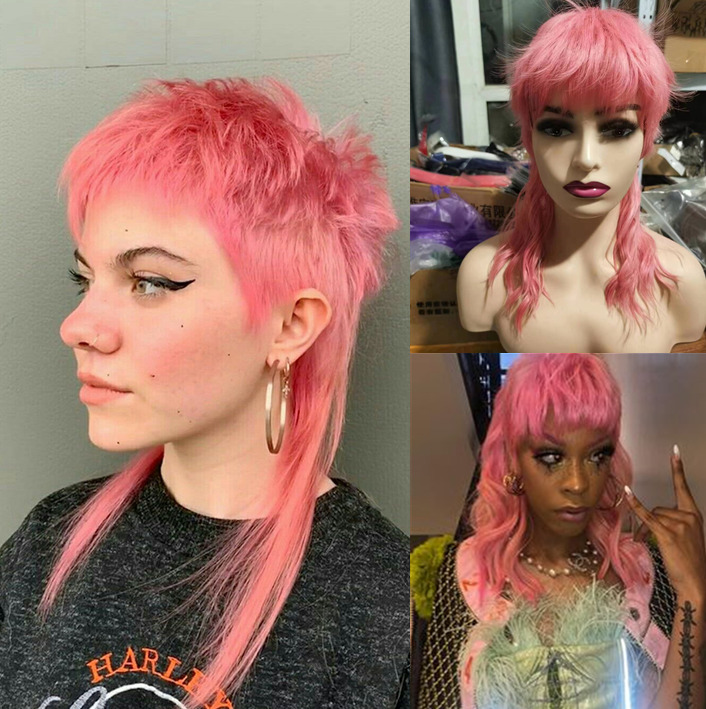 Pink Mullet With Bangs Women Short Wave Curly Part... – Grandado