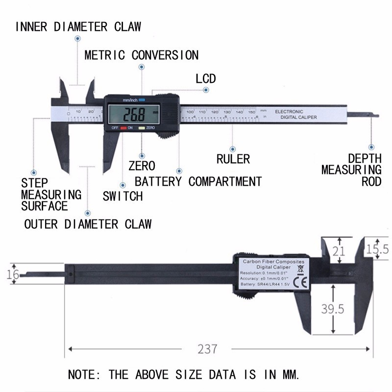 Fghgf 150mm 6 " svart skyvelære digital elektronis... – Grandado