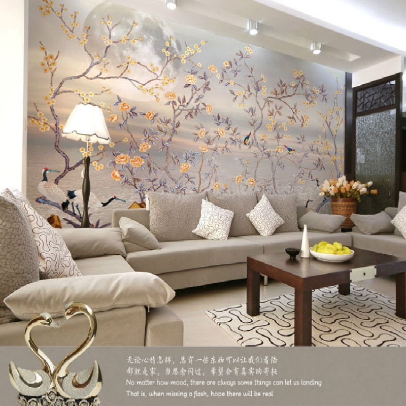 Custom hand-painted large murals TV backdrop bird ... – Grandado