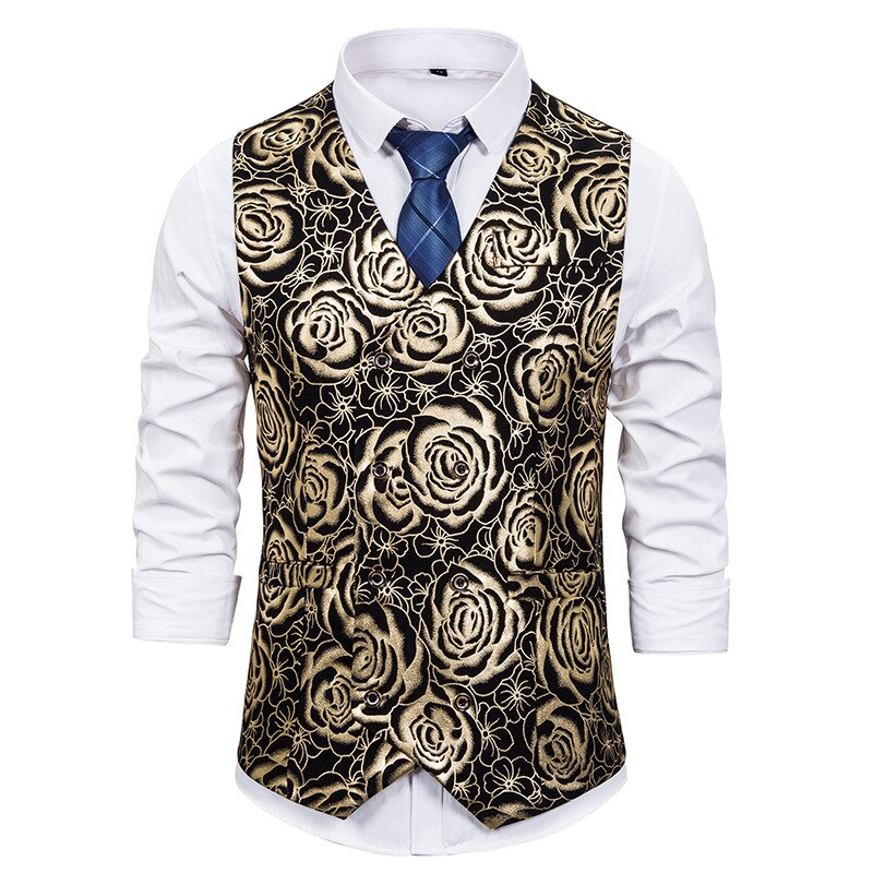 Men Gold Rose Print Suit Vest Sleeveless Double Bu... – Vicedeal