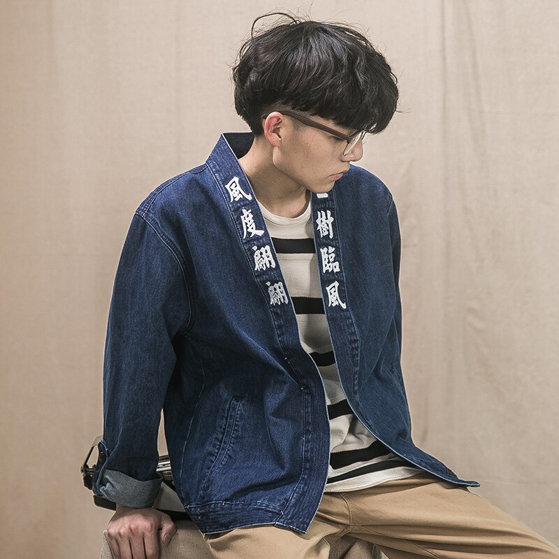 Men's Kimono Japanese Jacket Shirt Denim Jean Tie ... – Grandado