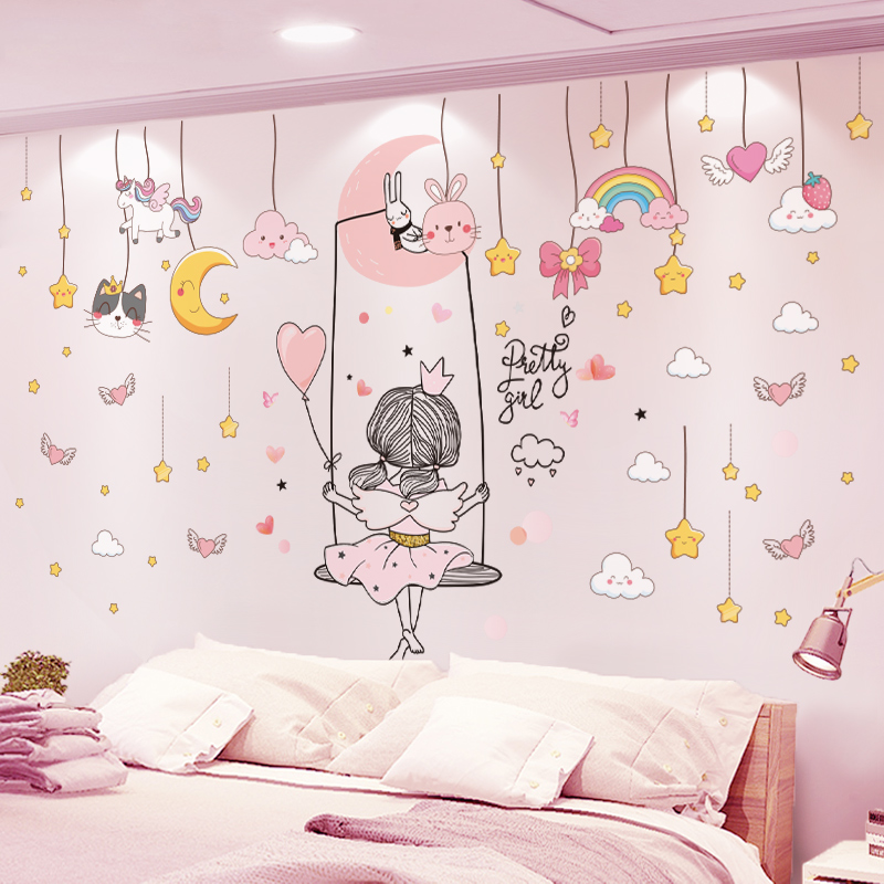 [SHIJUEHEZI] Cartoon Girl Moon Wall Stickers Vinyl... – Vicedeal