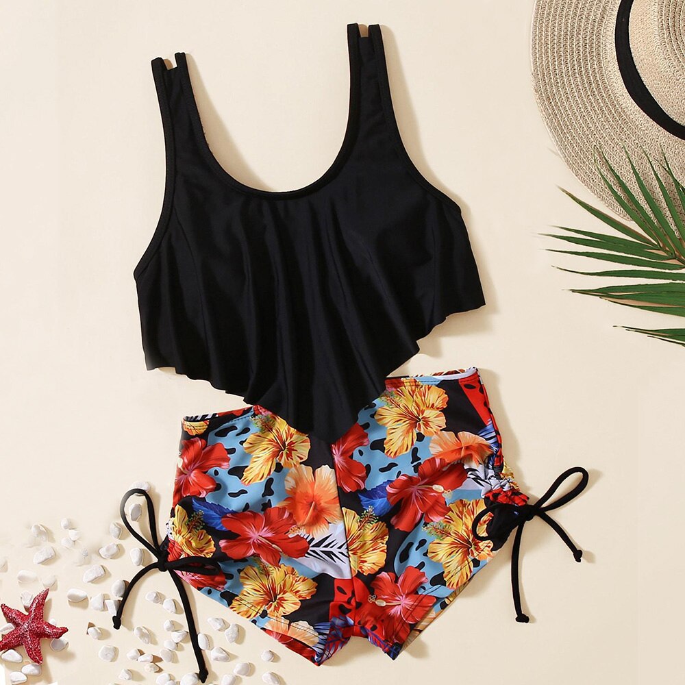 Floral Girl Swimsuit Kids Ruffle Hem Two Piece Chi... – Vicedeal