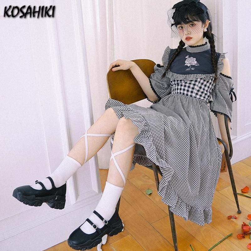 Kosahiki Japanse Plaid Off Shoulder Jurk Zomer Vro... – Vicedeal