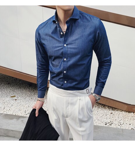 Mannen Windsor Kraag Shirts Denim Blauw Effen Casu... – Vicedeal