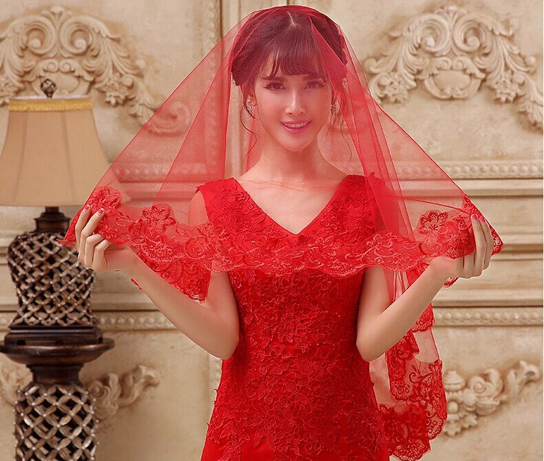 Bridal Red Veil Wedding Lace Embroidered Veil – Vicedeal