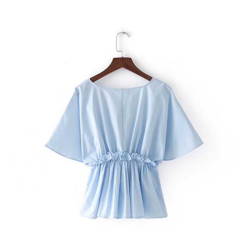 PERHAPS U women blue ruffle solid v neck flare sle... – Grandado