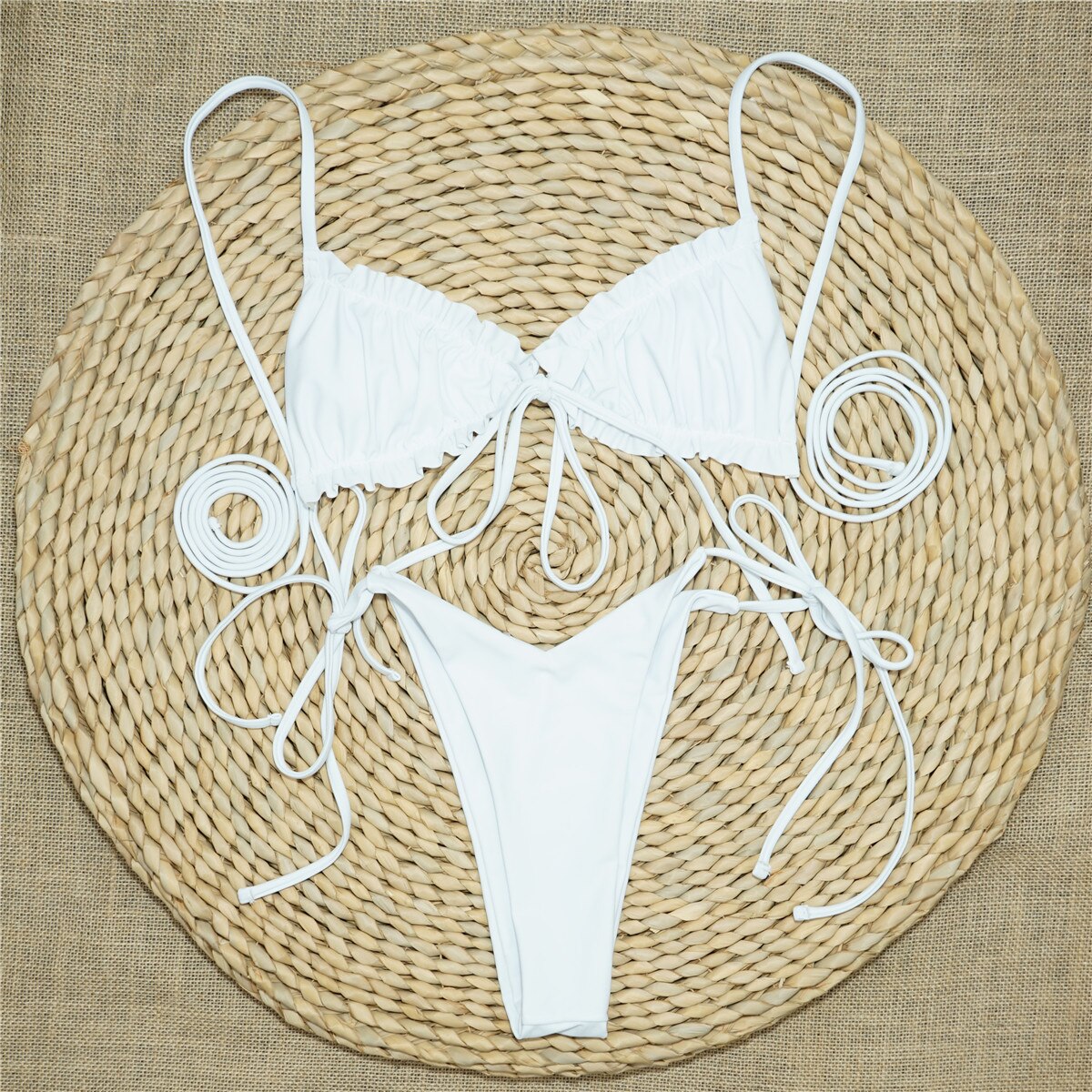 white ruffle swimsuit female Bandeau bikini sleeve... – Grandado